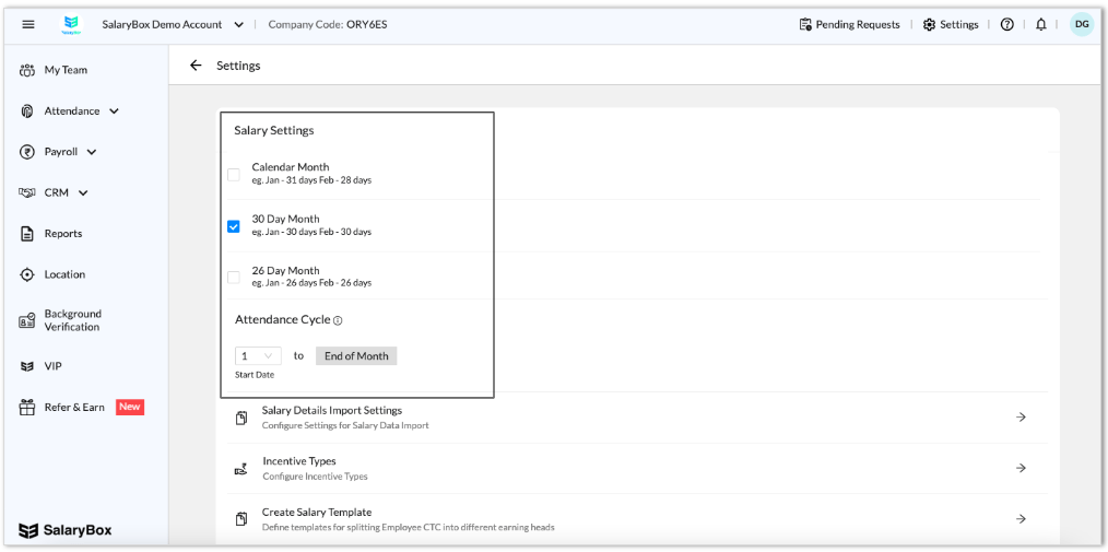 Define Attendance Cycle for Payroll - SalaryBox